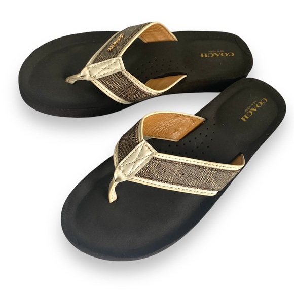 Coach | Shoes | Coach Judy Tan Cream Brown Signature Flip Flop Leather ...